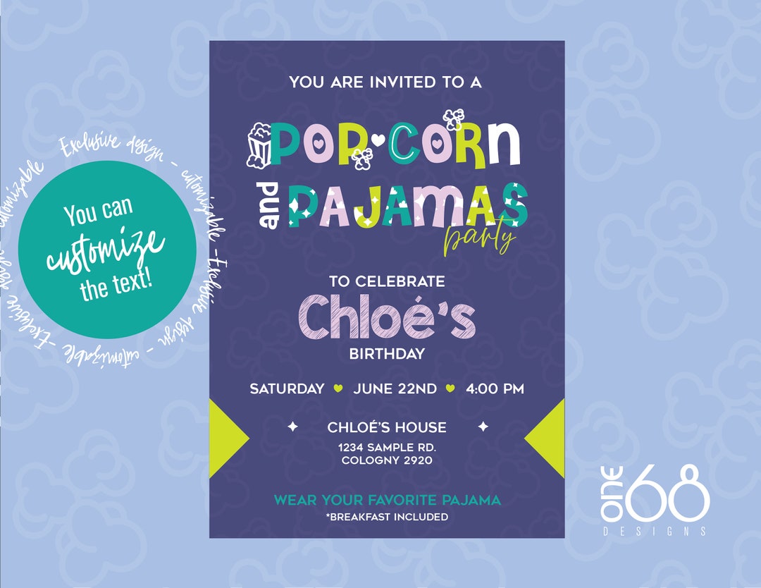 Popcorn and Pajamas Party Invitation for Girls | Fully Customizable ...