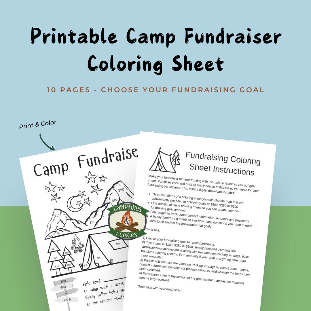 Camp Fundraiser Coloring Goal Tracker for Schools or Clubs Scout Troops ...