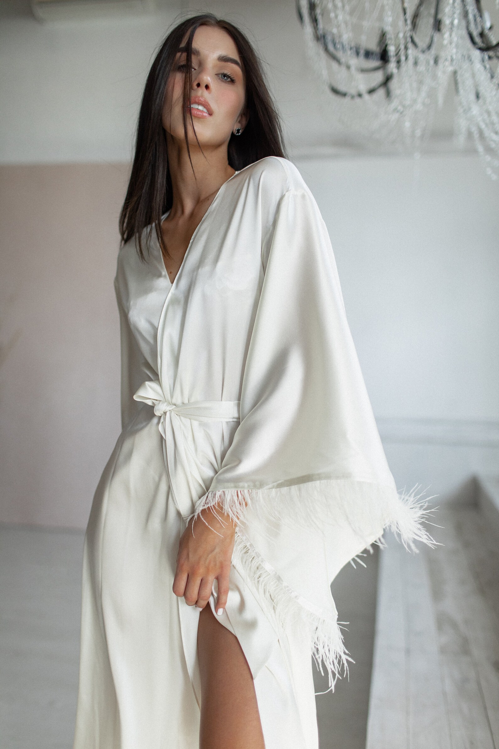 Long Silk Robe With Feathers/ Pure Silk/ Vintage Inspired/ - Etsy