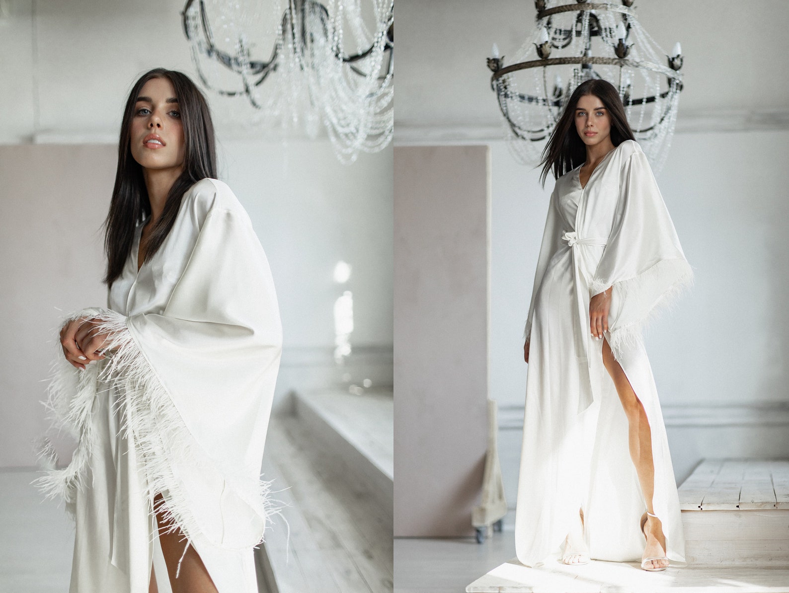 Long Silk Robe With Feathers/ Pure Silk/ Vintage Inspired/ - Etsy