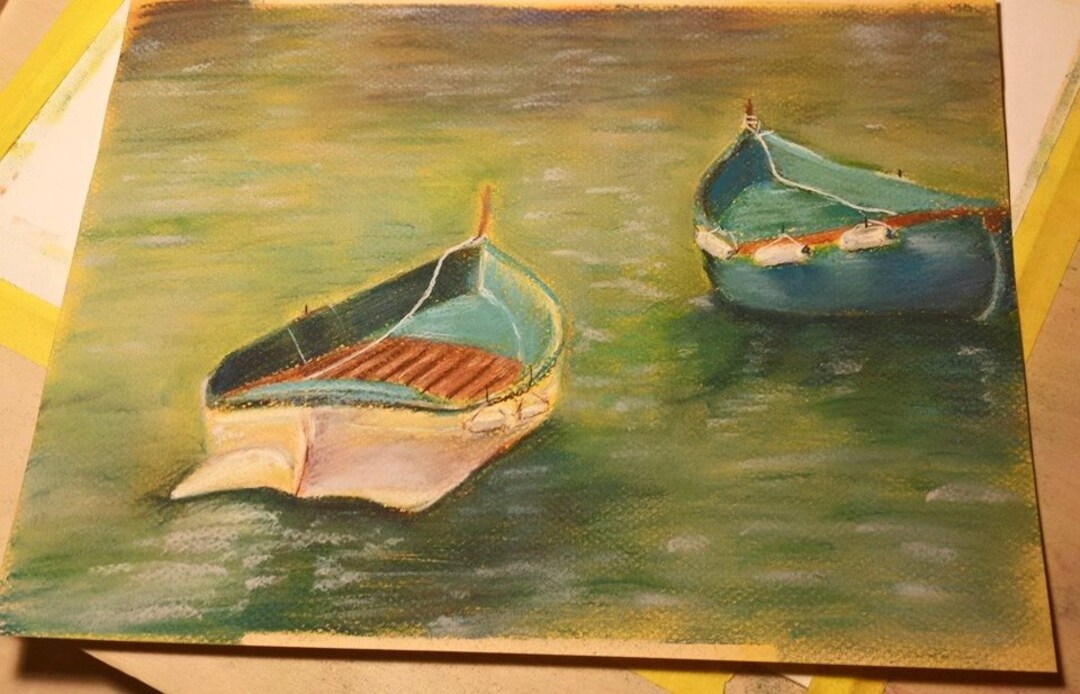 Pastel/chalk Drawing on Paper - Boats on the Water - Etsy