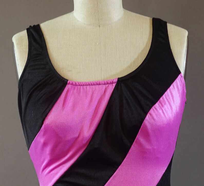 80s Neon Diagonal Bathing Suit 1980s Vintage Swimsuit Black Pink One