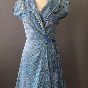 50s Swirl Me Around Dress 1950s Cotton Blue Yellow Wrap Dress Abstract ...