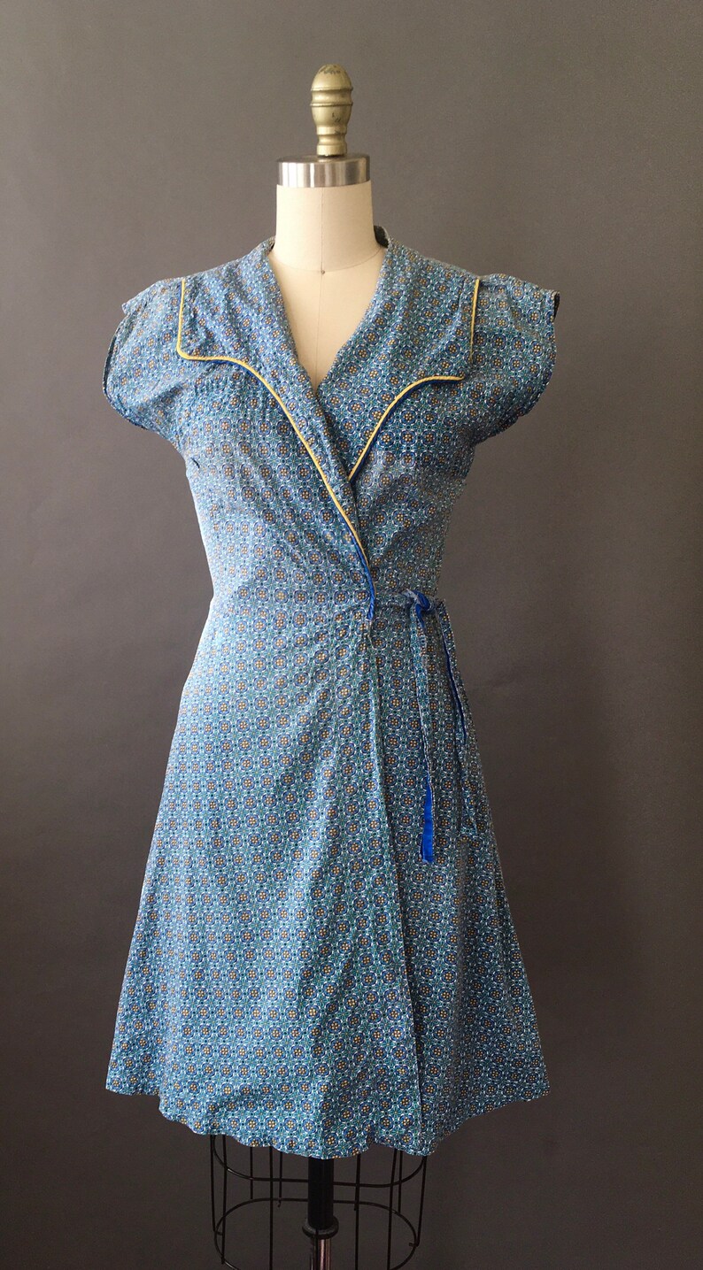 50s Swirl Me Around Dress 1950s Cotton Blue Yellow Wrap Dress Abstract ...