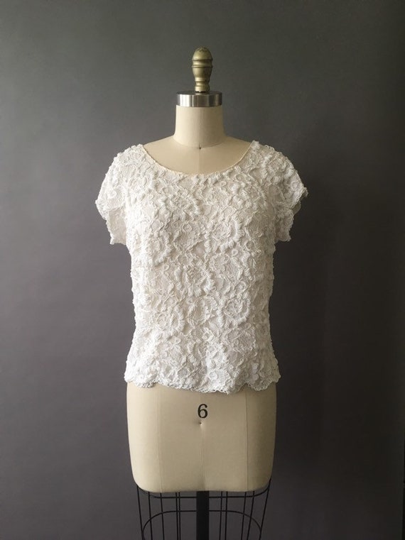 50s 60s White Bloom Top - 1950s 1960s Vintage Beaded … - Gem