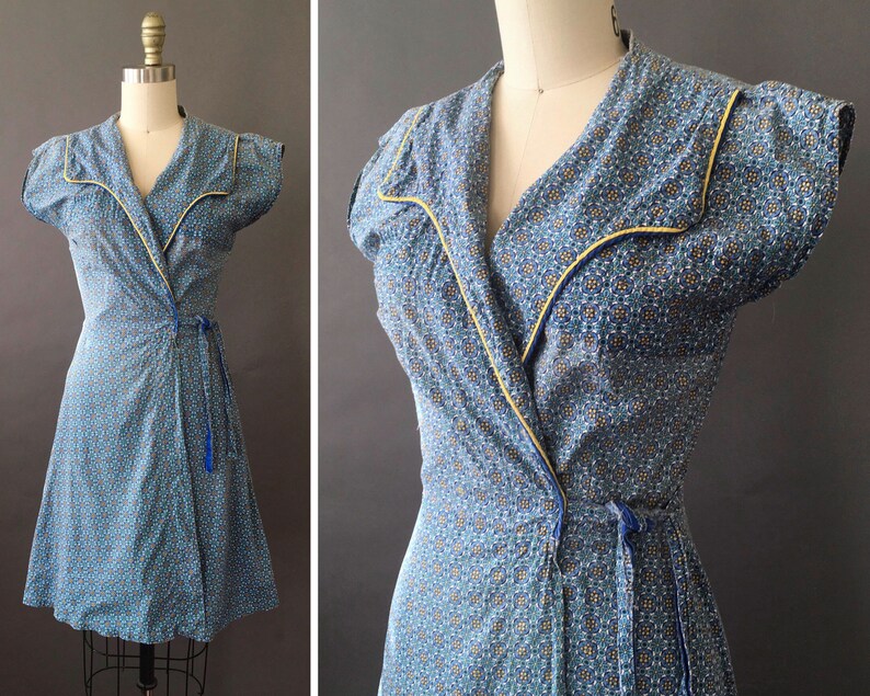 50s Swirl Me Around Dress 1950s Cotton Blue Yellow Wrap Dress Abstract ...