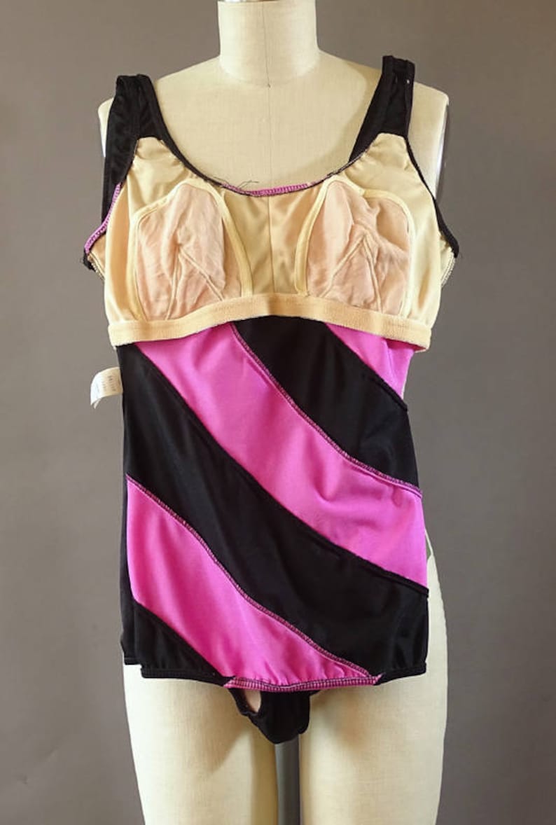 80s Neon Diagonal Bathing Suit 1980s Vintage Swimsuit Black Pink One