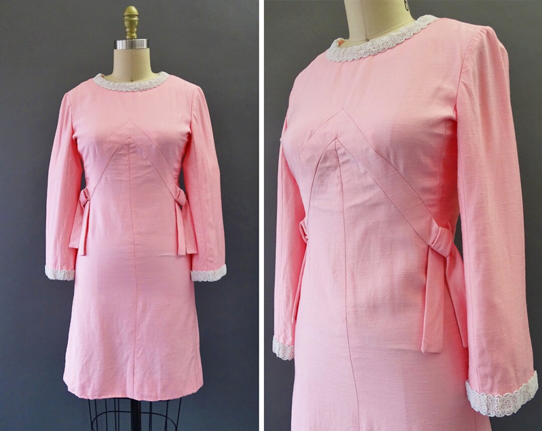 60s Bows and Beads Dress 1960s Vintage Pink Mini Dress 60s Pink Short ...