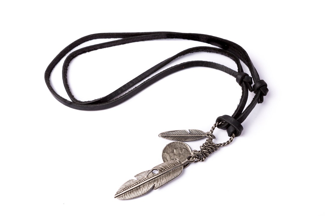Black Boho Necklace for Men // Black Leather Necklace // Feather ...