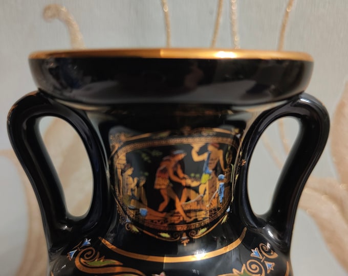 Vintage 24K Hand Made in Greece Black and Gold Vase - Etsy