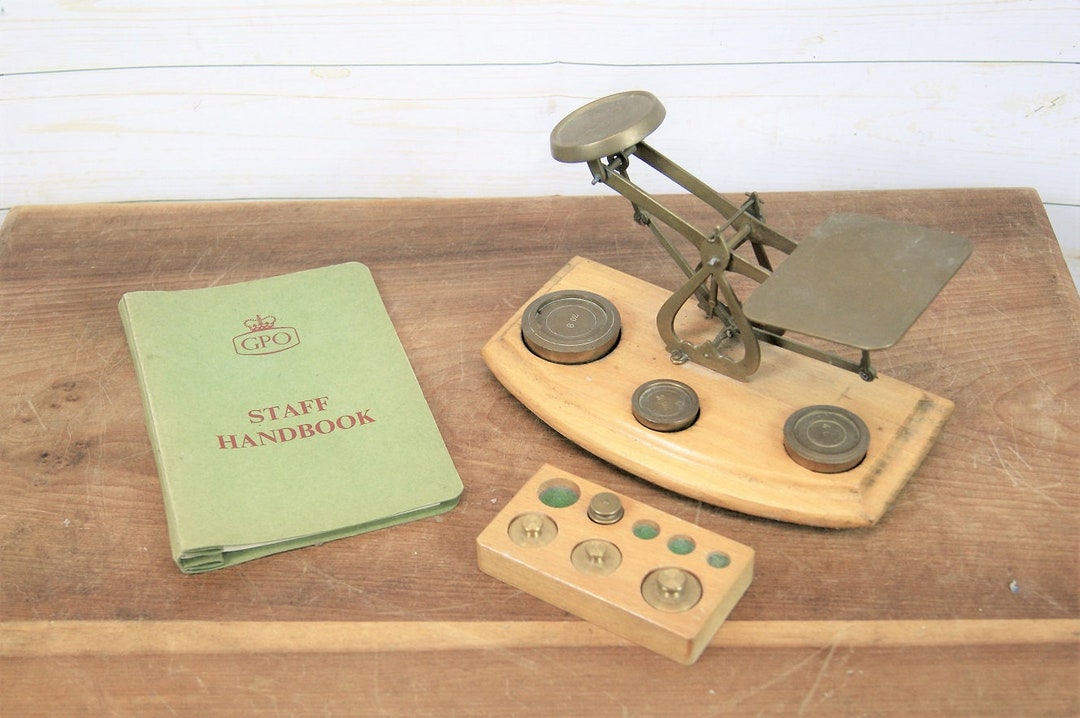 Retro English Brass and Wood Post Office Letter Weighing Scales and ...