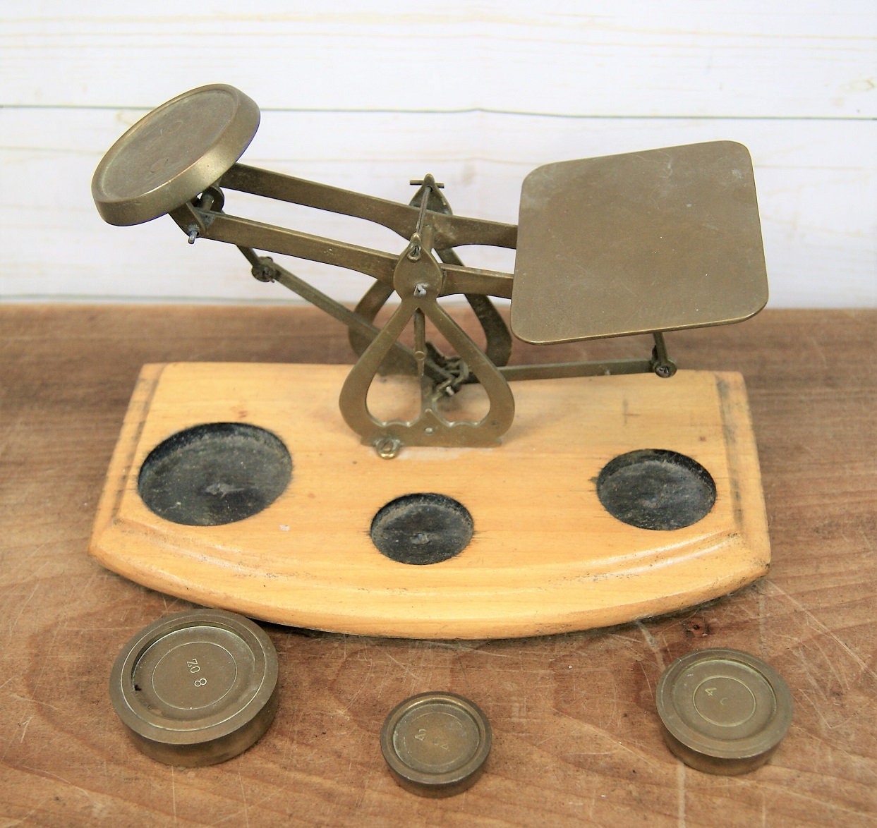 Retro English Brass and Wood Post Office Letter Weighing Scales and ...