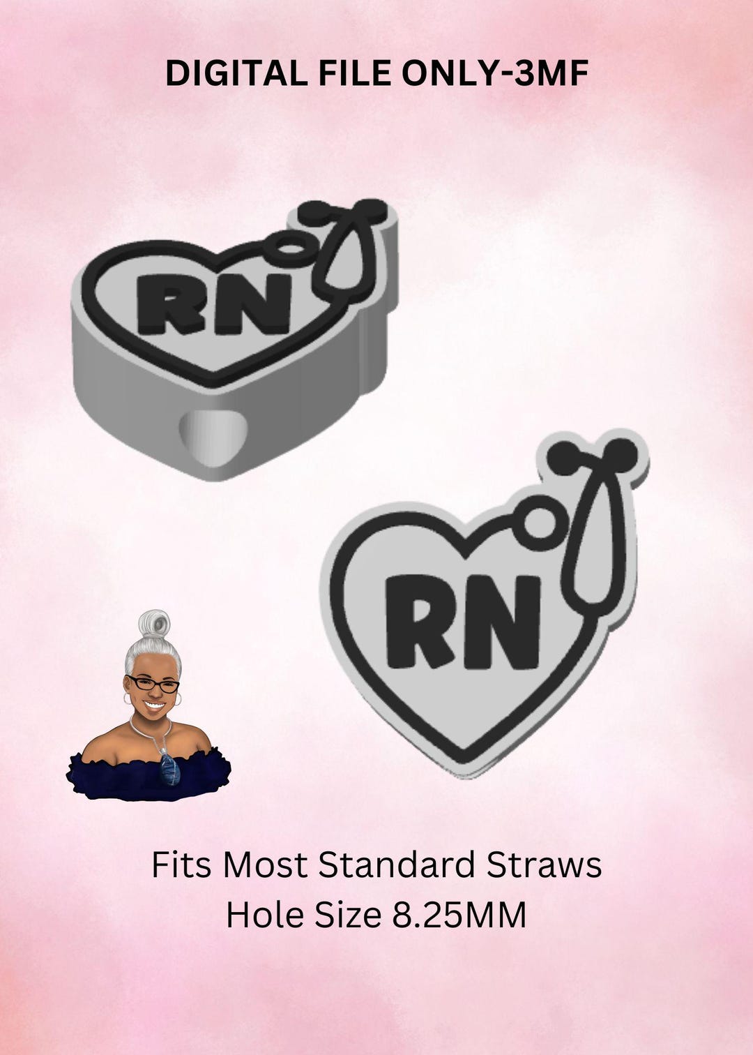 RN Heart Stethoscope Straw Topper Digital File, 3MF, Nurse, RN, Medical ...