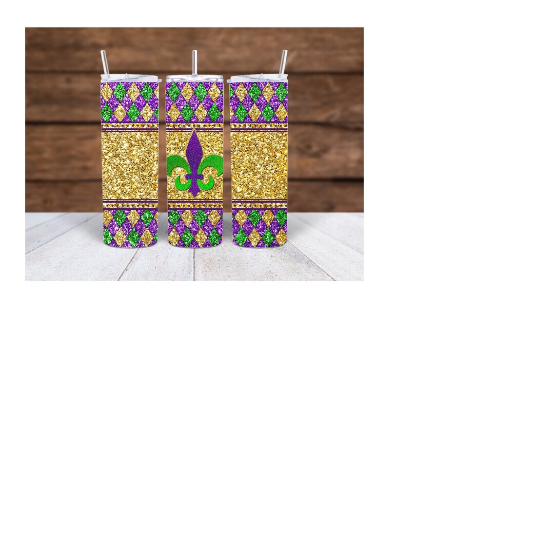 Mardi Gras Gold Glitter Fleur De Lis, Green, Purple, Diamonds, Tumbler ...