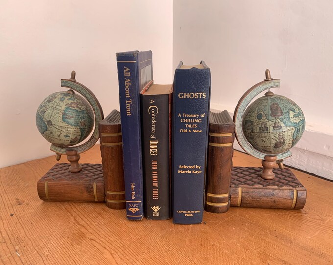 World Globe Bookends Vintage Spinning Globe Bookends Spain Wooden Globe ...