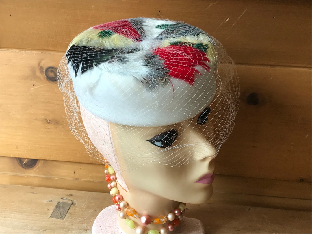 Vintage Pillbox Hat 1950s Velvet Feathers Tulle Jackie O Pillbox Hat ...