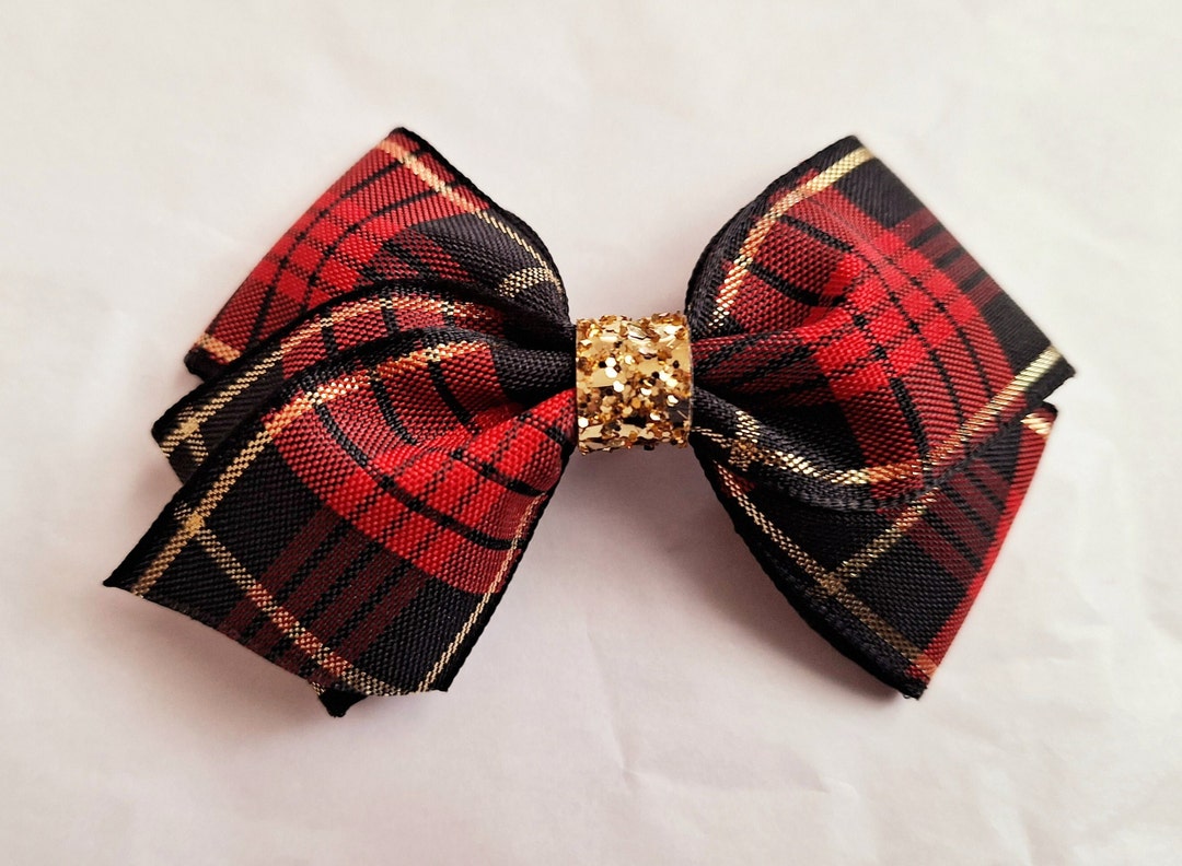 4", Red Gingham Bow, Gold Bow, Gingham Bow, Girl's Bow, School Bow ...