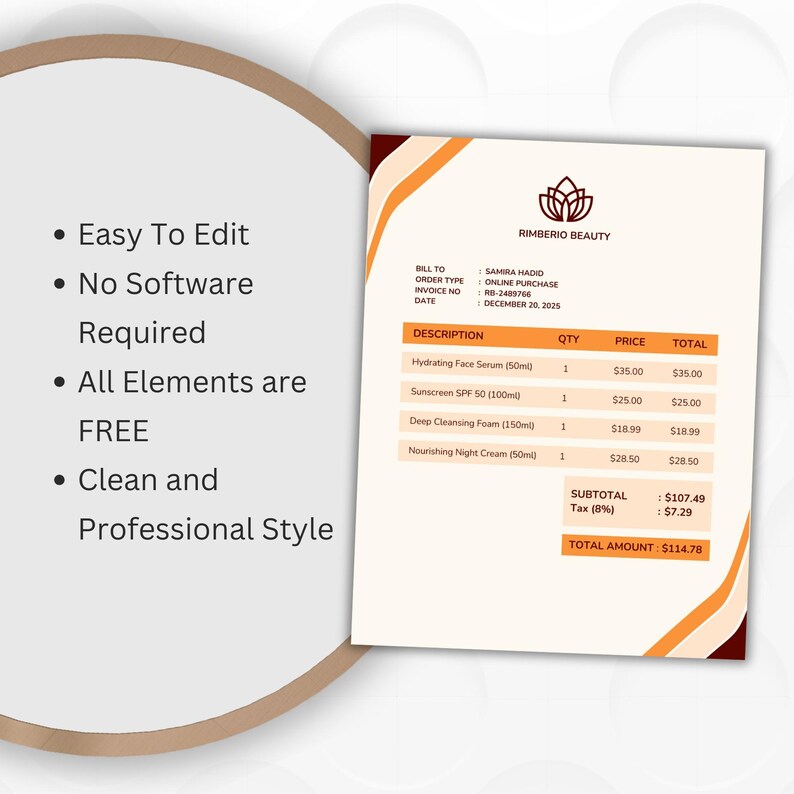 Skincare Business Invoice Template, Invoice Template, Skincare Receipt ...
