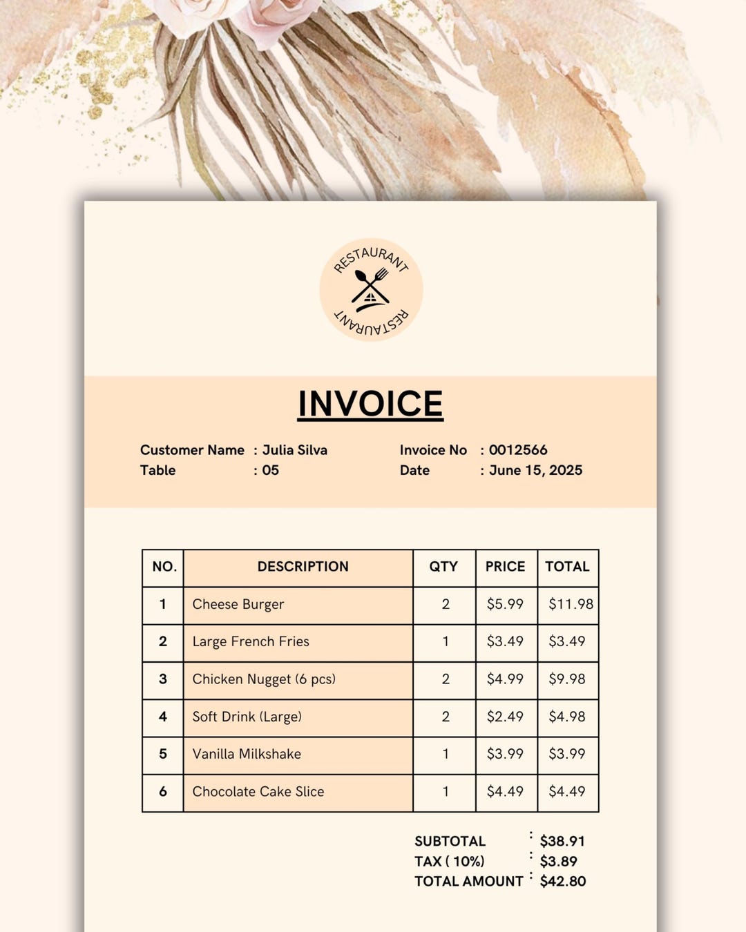 Minimalist Restaurant Invoice Template: Editable Canva Design (digital ...