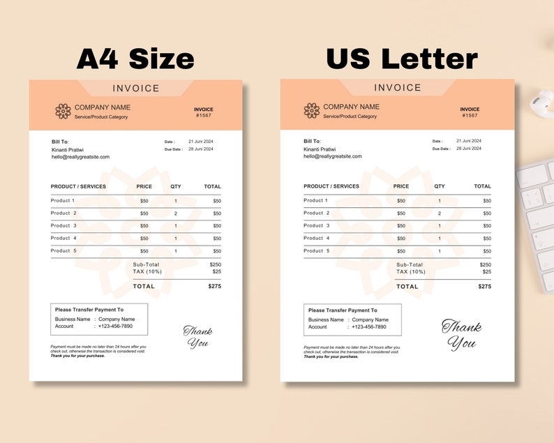 Peach Fuzz Modern Minimalist Service Invoice Template, Printable ...