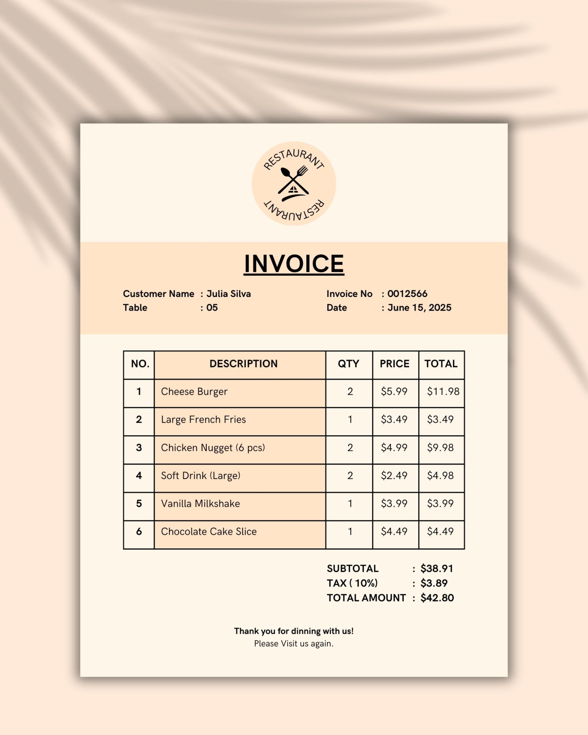 Minimalist Restaurant Invoice Template: Editable Canva Design (digital ...