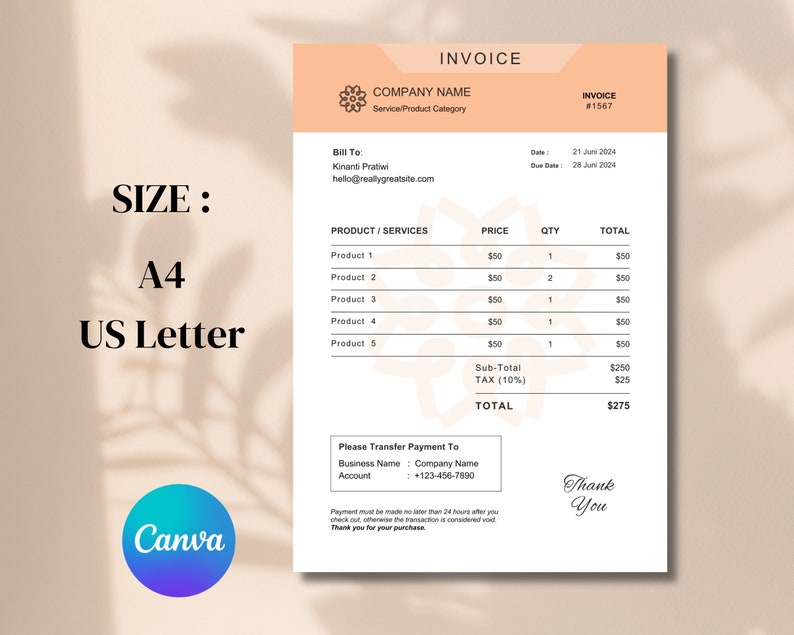Peach Fuzz Modern Minimalist Service Invoice Template, Printable ...