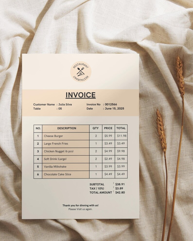 Minimalist Restaurant Invoice Template: Editable Canva Design (digital ...