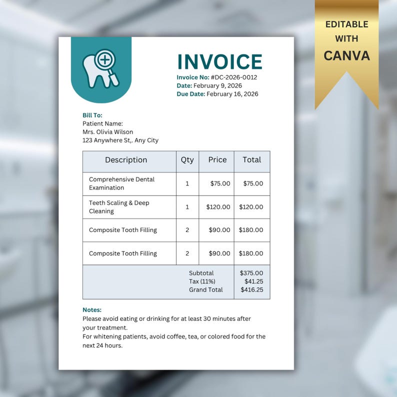 Dental Clinic Invoice Template, Modern Medical Bill, Editable Canva ...