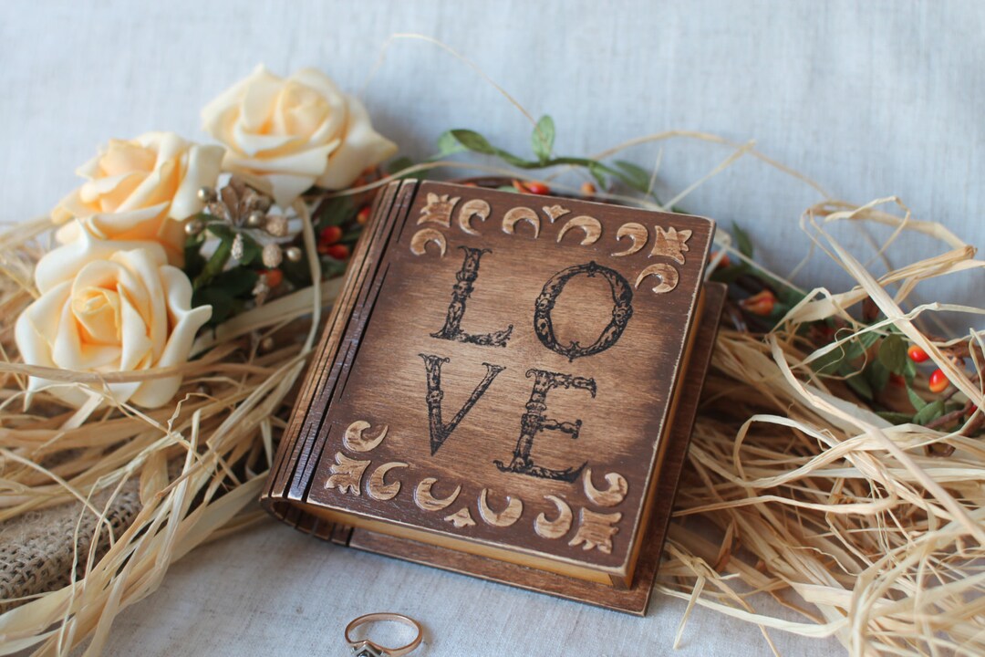 Rustic Book Ring Box With Burlap Pillow: Wooden Wedding Ring Bearer - Etsy