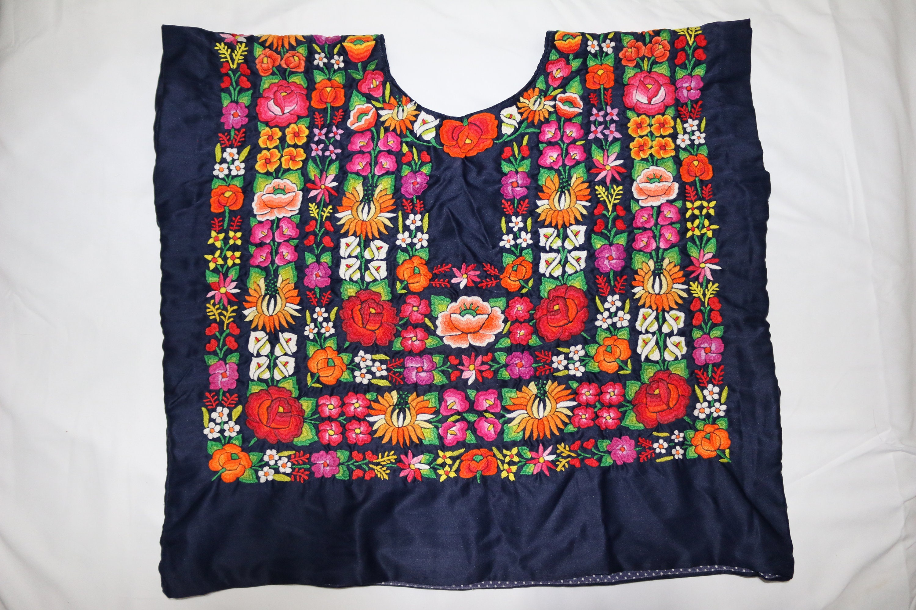 Navy Blue Embroidered TEHUANA Dress: Vintage Mexican Dress, Kaftan ...