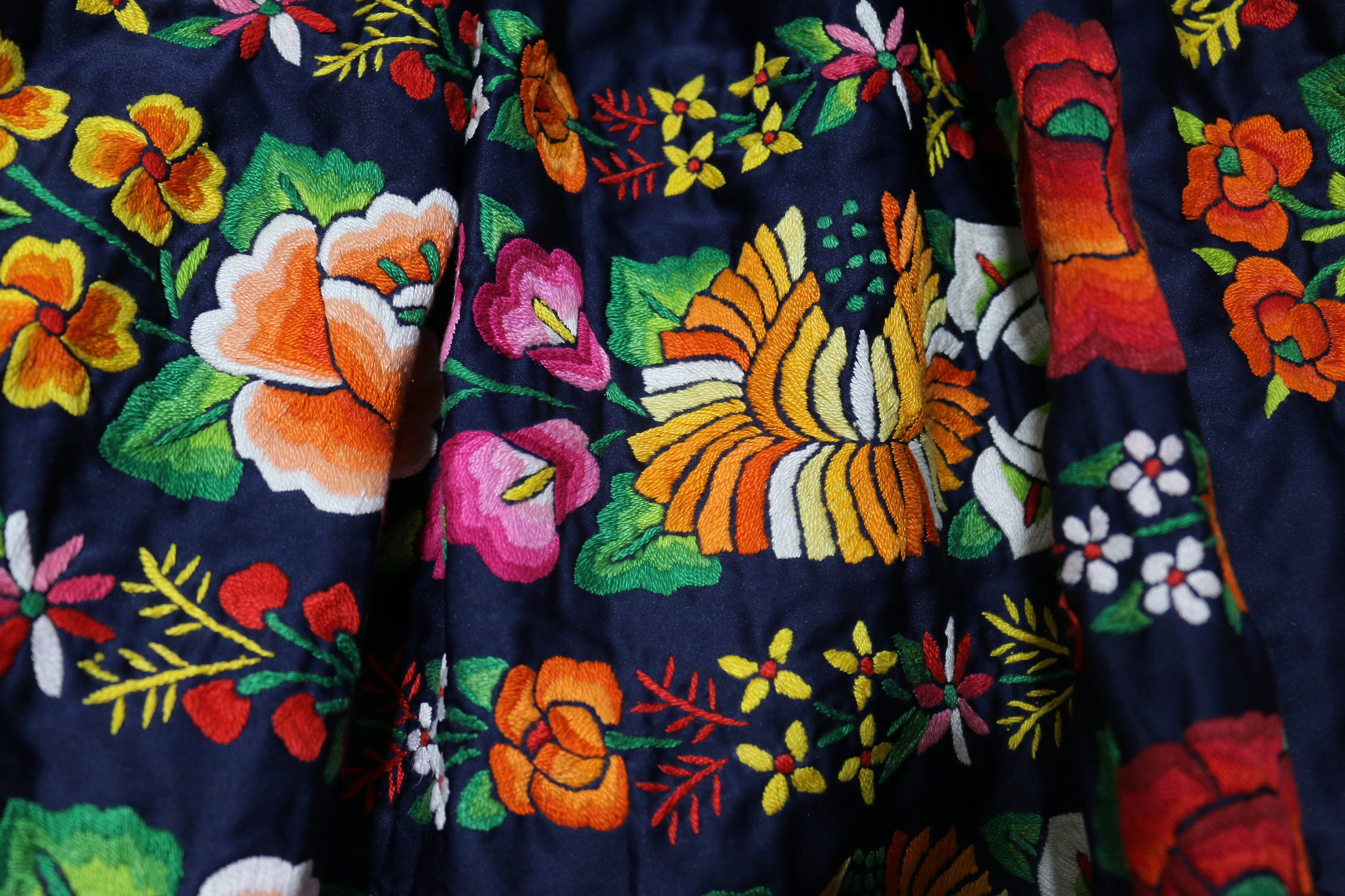 Navy Blue Embroidered TEHUANA Dress: Vintage Mexican Dress, Kaftan ...