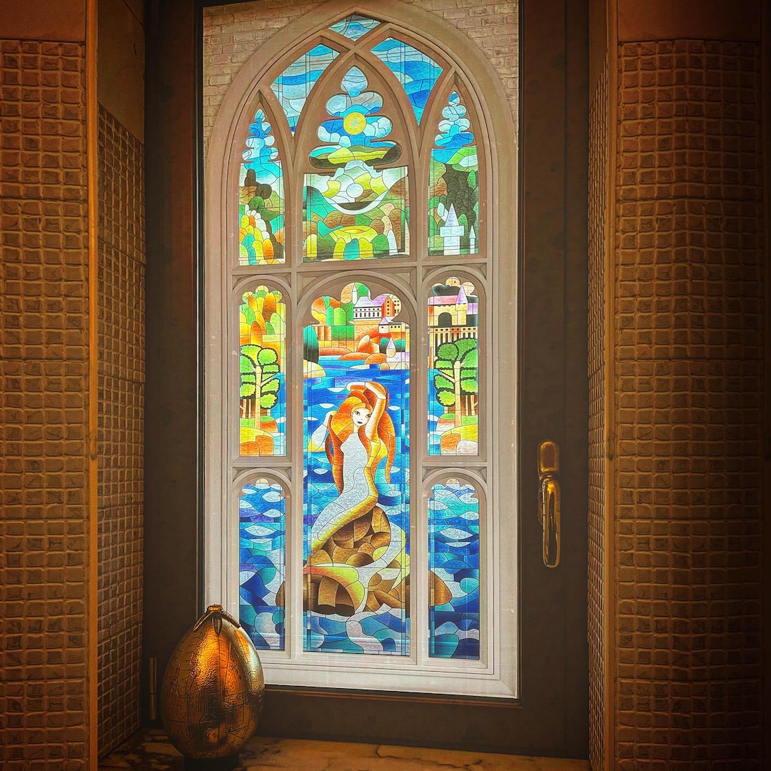 Stained Glass Mermaid - Translucent Mural for Window, Glass Door. Peel ...