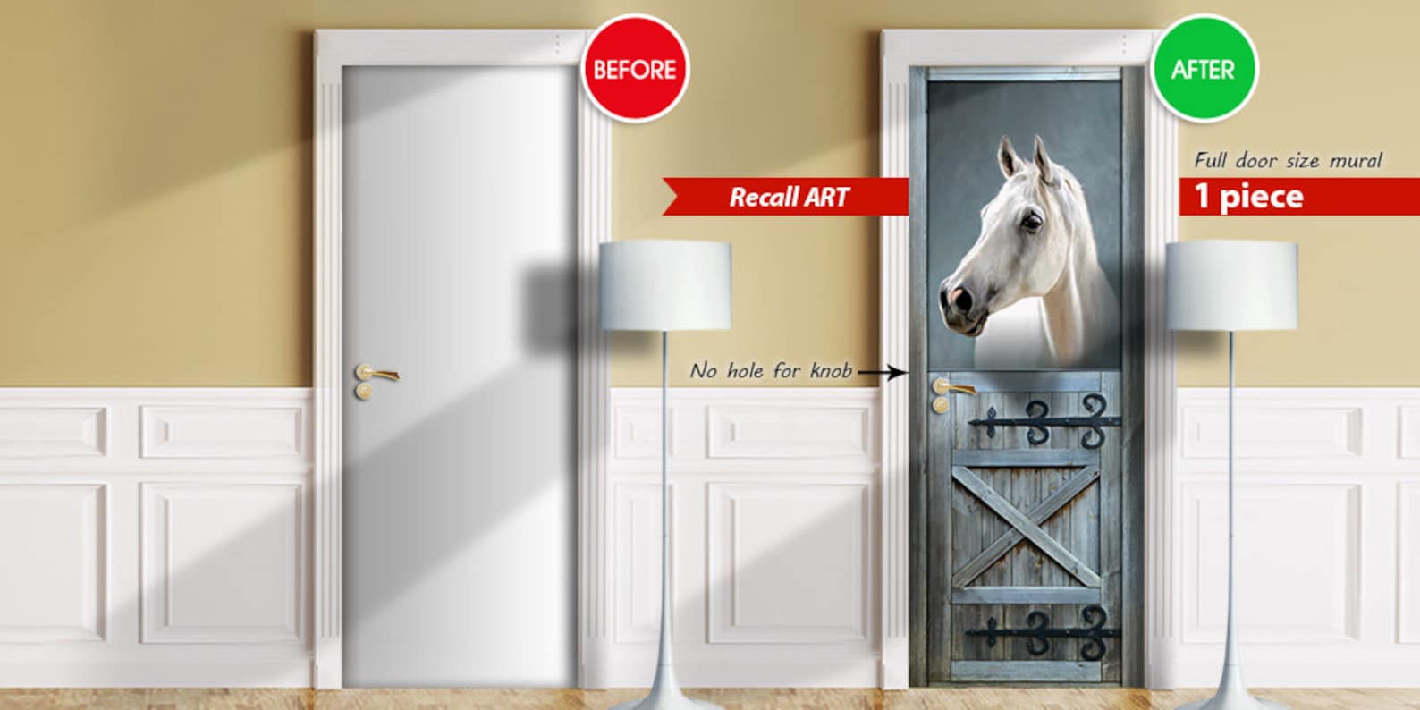 White Horse in Stall - Door Mural, Sticker, Skin, Cover, Fridge Wrap ...