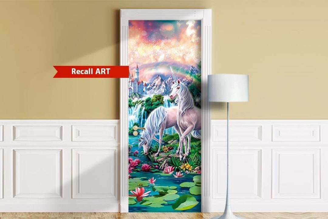 Unicorns Near Castle - Mural for Door, Wall, Fridge, Sticker, Peel and ...