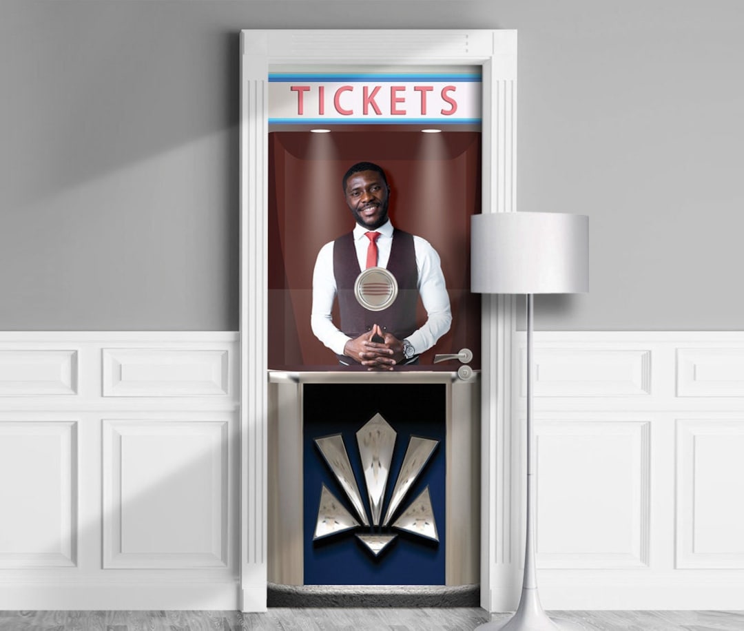 Cinema Ticket Booth With Cheerful Usher - Door Mural, Decal for Window ...