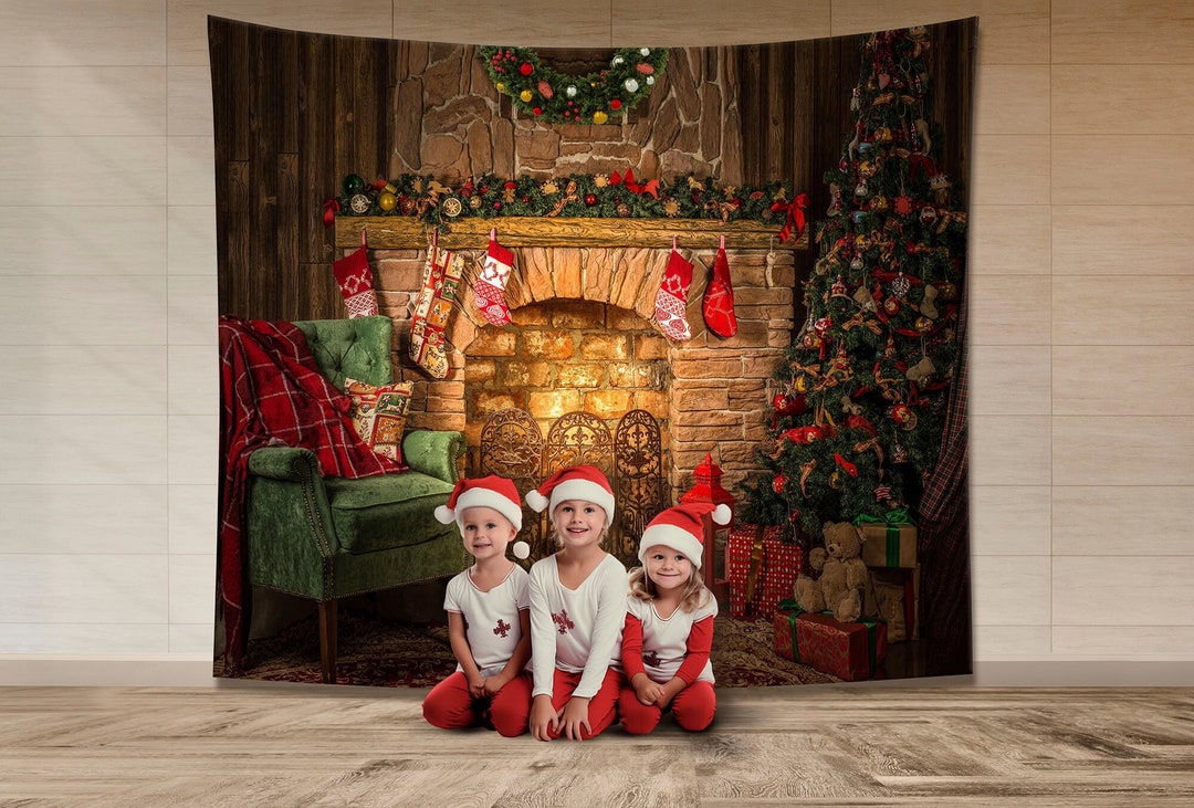 Christmas Backdrop With Fireplace, Photo Fabric Indoor Wall Tapestries ...