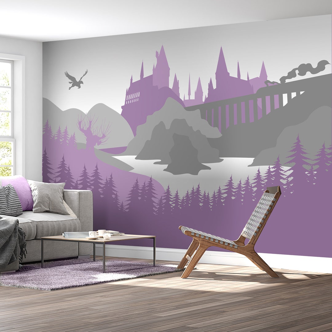 Wall Mural Castle of Wizards Lilac and Grey. Self-adhesive Removable ...