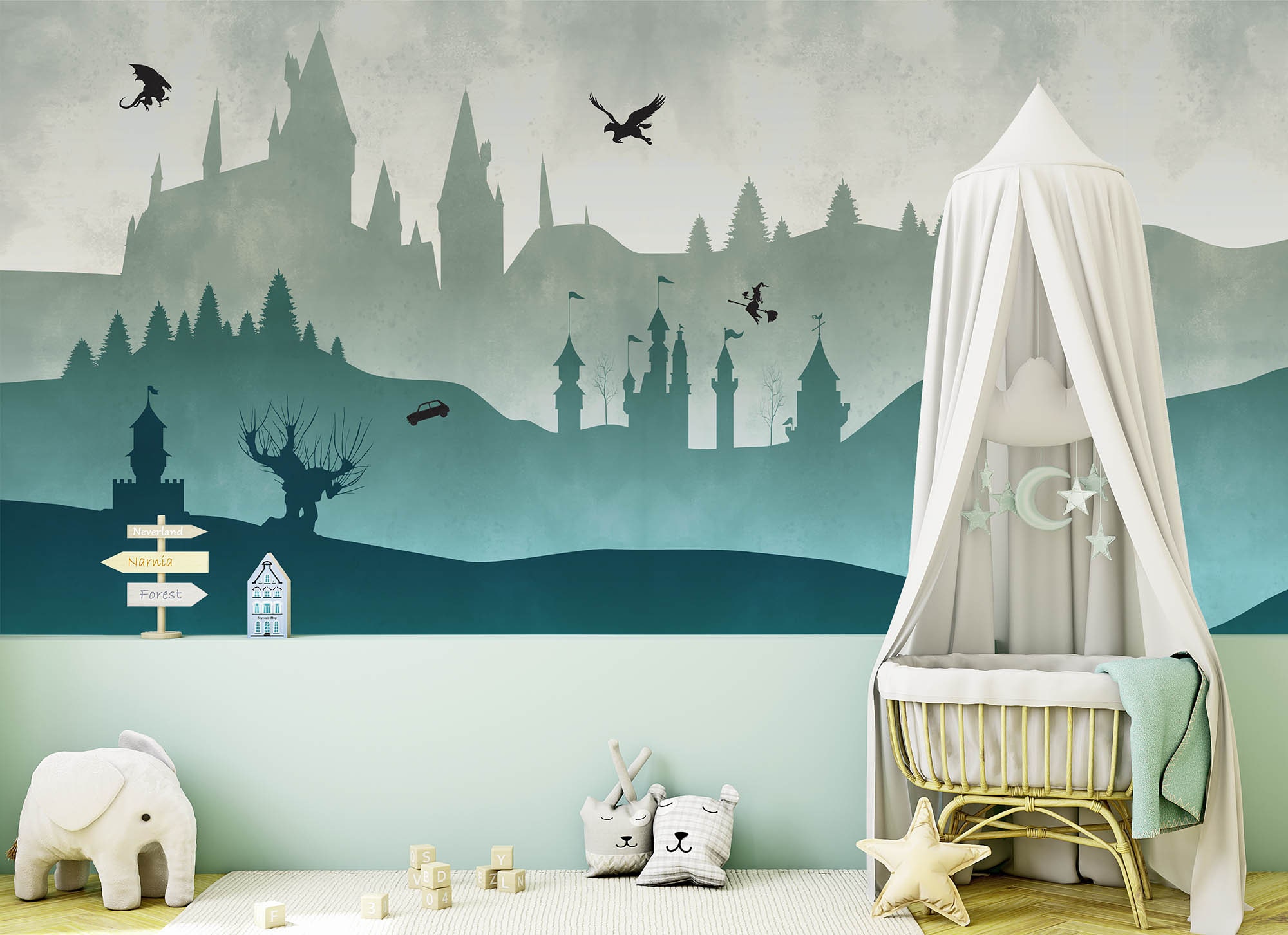 Wizards Castle in Teal Tone - Nursery Removable Wall Mural, Peel ...