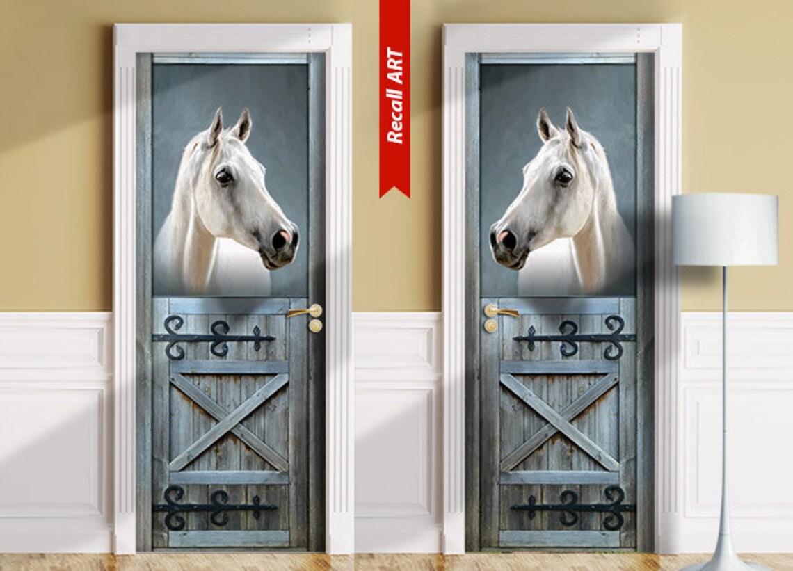 White Horse in Stall - Door Mural, Sticker, Skin, Cover, Fridge Wrap ...