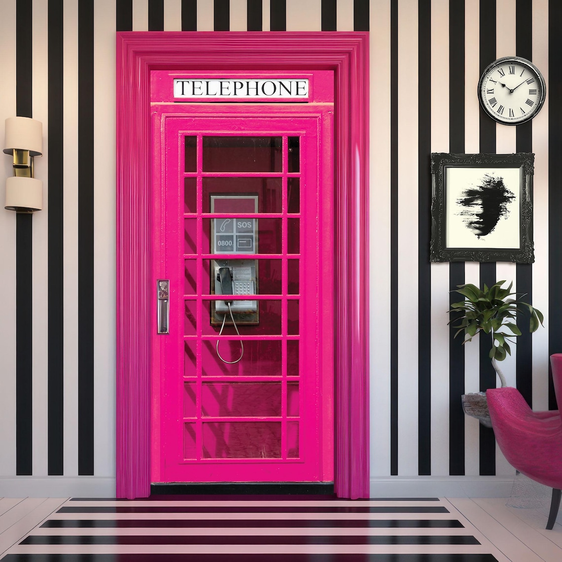 Pink Phone Box Door Mural - London Telephone Booth Decal. Peel and ...