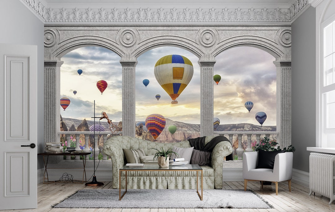 Premium Wall Mural - Terrace, Balcony With Arches. Balloons in Sky. 3D ...