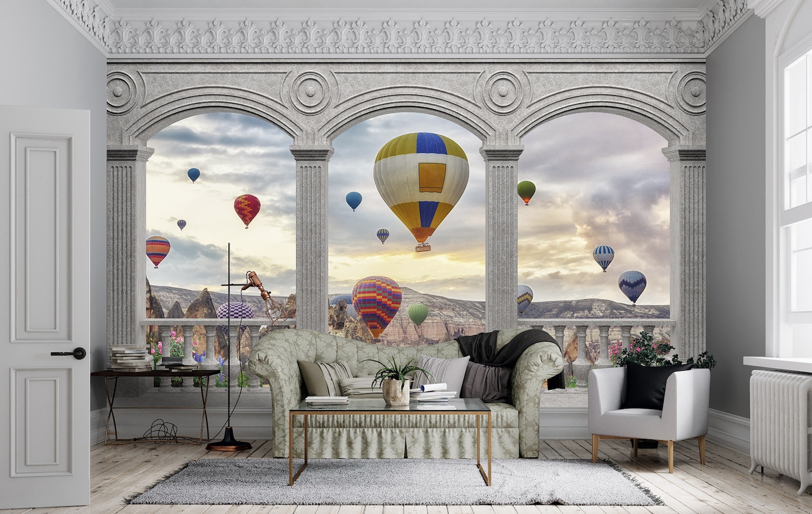 Premium Wall Mural - Terrace, Balcony With Arches. Balloons in Sky. 3D ...