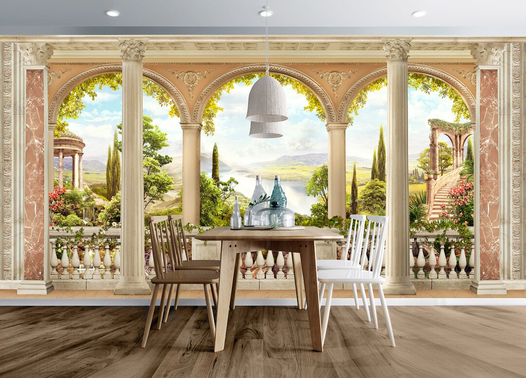 Wall Mural - Antique Terrace, Balcony, Arches. View of Landscape With ...