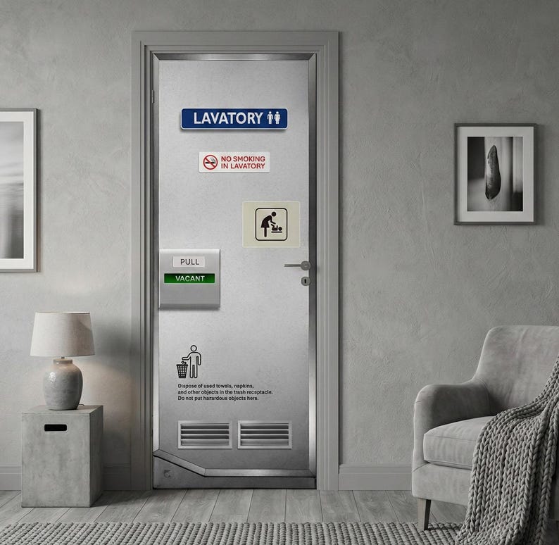 Airplane Lavatory Door Mural: Realistic Self-adhesive Vinyl Wrap, Funny ...