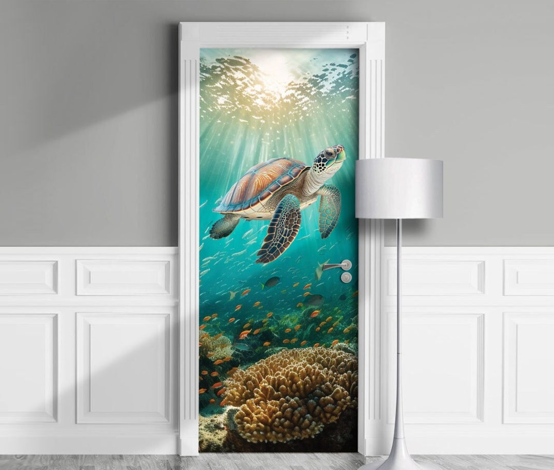 Turtle Door Mural, Tropical Underwater Sea Life Door Mural, Decal for ...