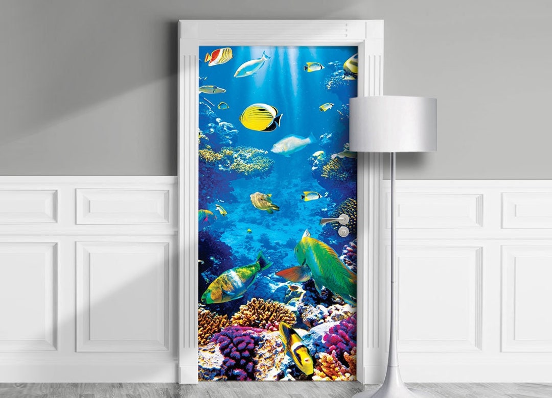 Underwater Door Mural, Tropical Sea Life Door Mural, Decal for Window ...