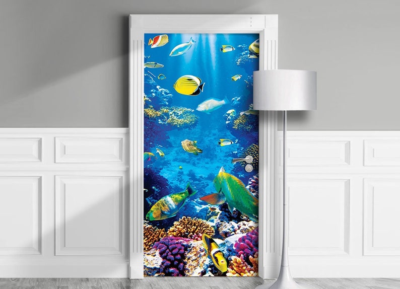 Underwater Door Mural, Tropical Sea Life Door Mural, Decal for Window ...