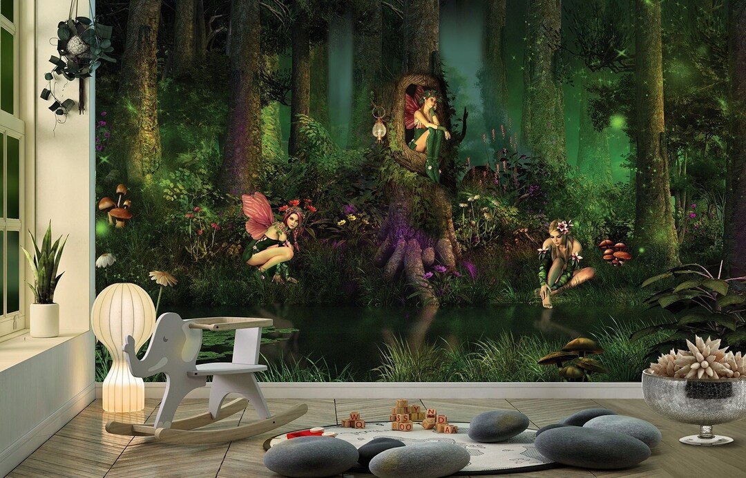 Fairy Forest With Fairies - Self-adhesive Removable Mural, Decal ...