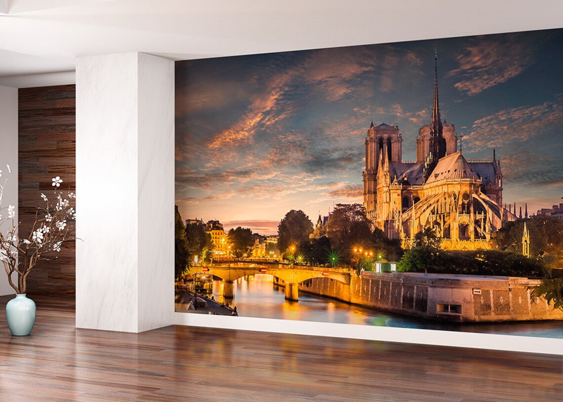 Notre Dame de Paris mural Evening French Cathedral Vinyl | Etsy
