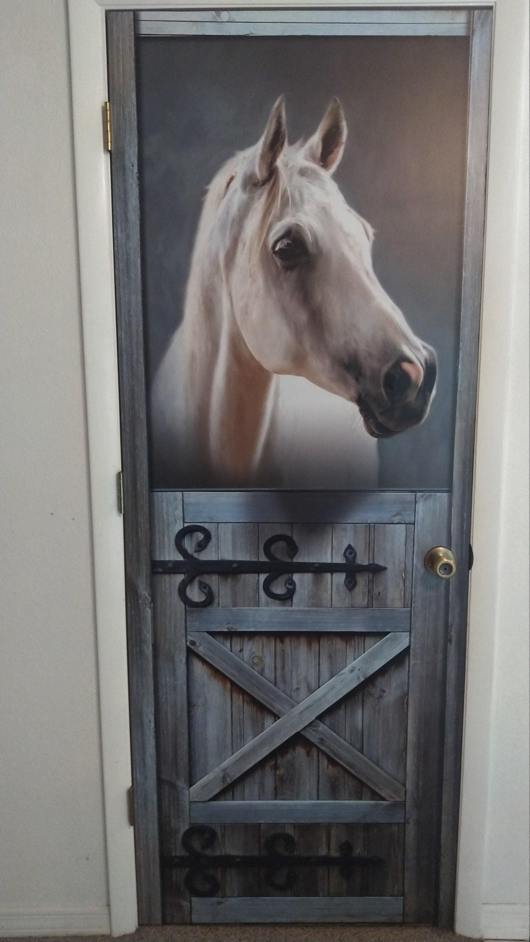 White Horse in Stall - Door Mural, Sticker, Skin, Cover, Fridge Wrap ...